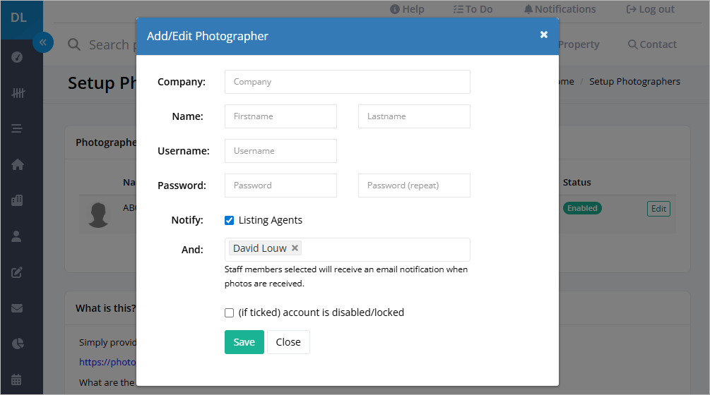 Manage the photographer login – VaultRE