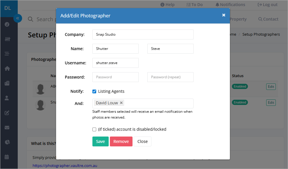 Manage the photographer login – VaultRE