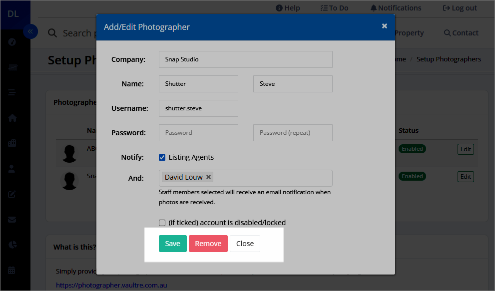 Manage the photographer login – VaultRE