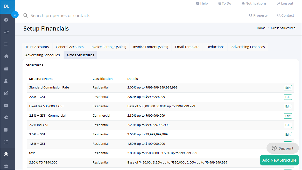 Set up gross commission structures – VaultRE