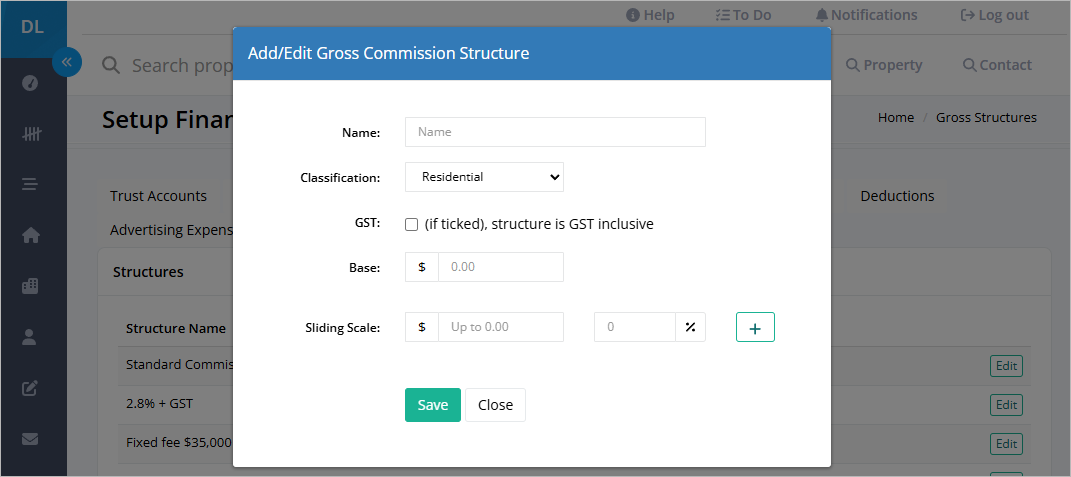 Set up gross commission structures – VaultRE