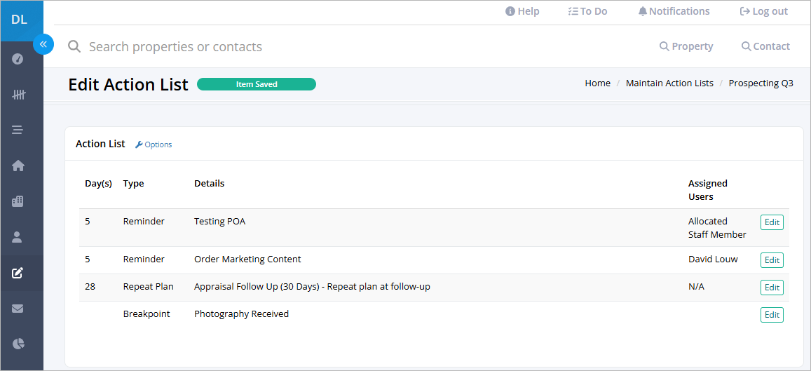 Manage action list automation and editing – VaultRE