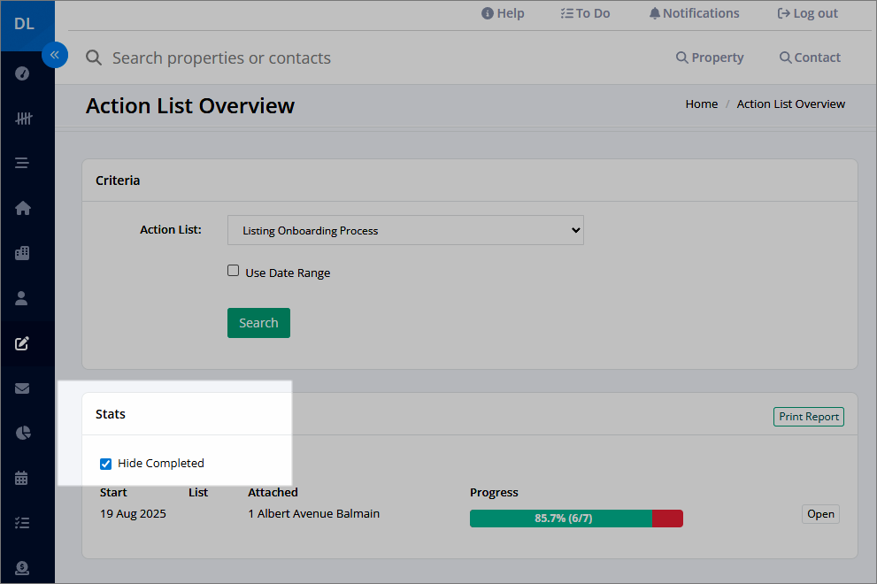 Run the action list overview report – VaultRE