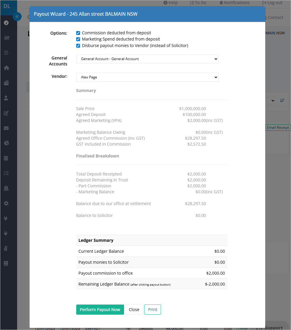 Manage disbursements, commission payouts, and account sales – VaultRE
