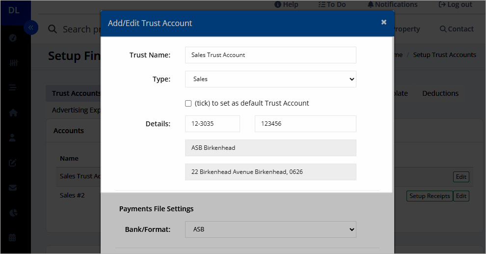 Add a sales trust account and configure settings – VaultRE