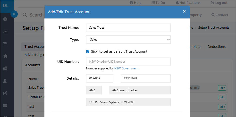 Add a sales trust account and configure settings – VaultRE