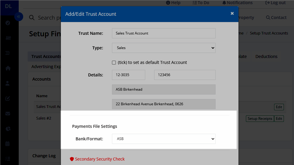 Add a sales trust account and configure settings – VaultRE