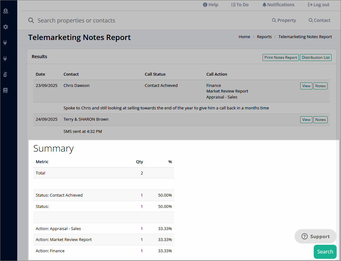 Telemarketing notes report overview – VaultRE