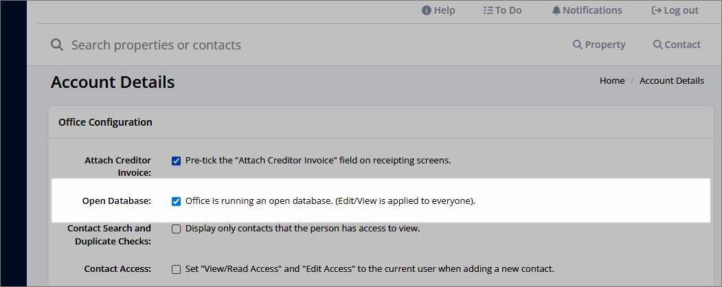 Manage database access settings – VaultRE