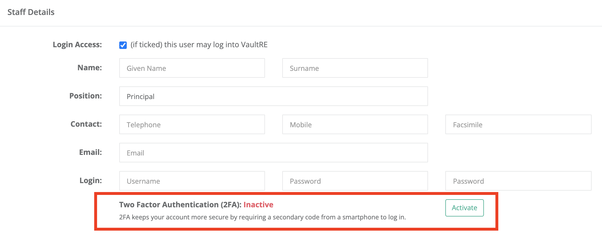 User Management Settings – VaultRE